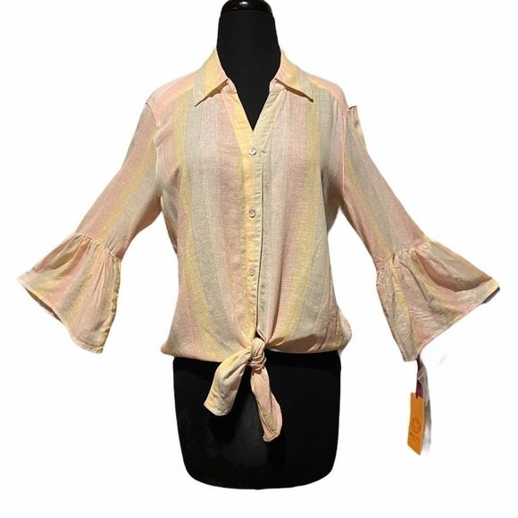 Ruby Rd. | Tops | Linen Blend Tie Front34bell Sleeve Blouse S | Poshmark